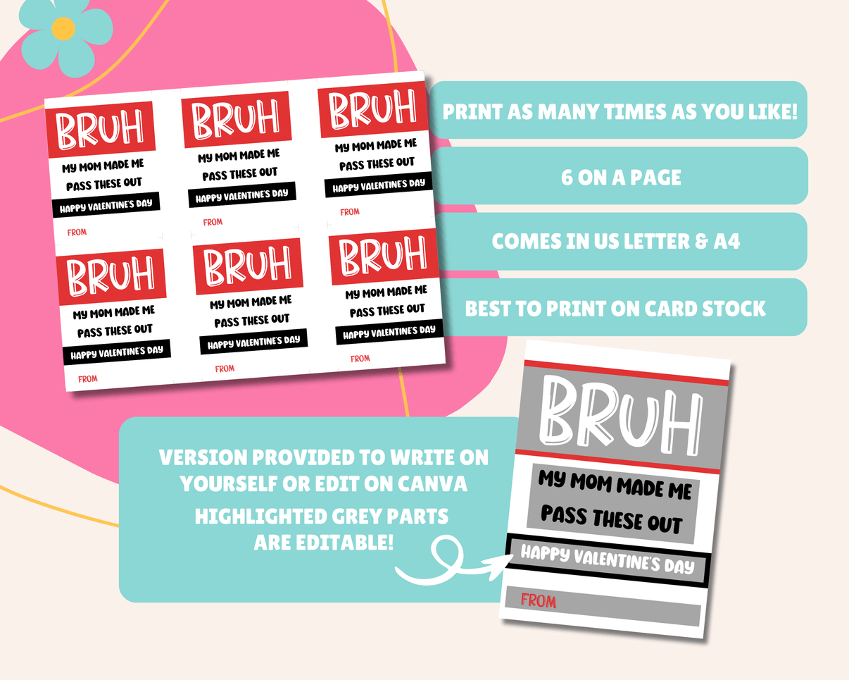 Editable Bruh Mom Made Me Pass These Out Valentine Cards for Classroom ...