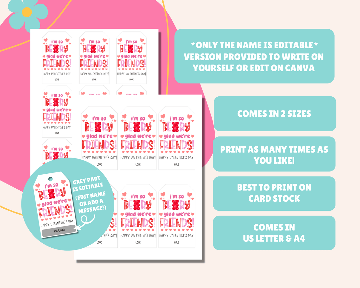 Editable Gummy Bear Valentine Gift Tags for Kids Classroom Valentine ...