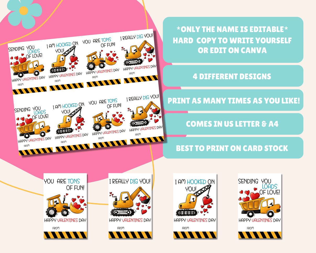 Editable Construction Valentine Cards for Kids Classroom Valentine ...