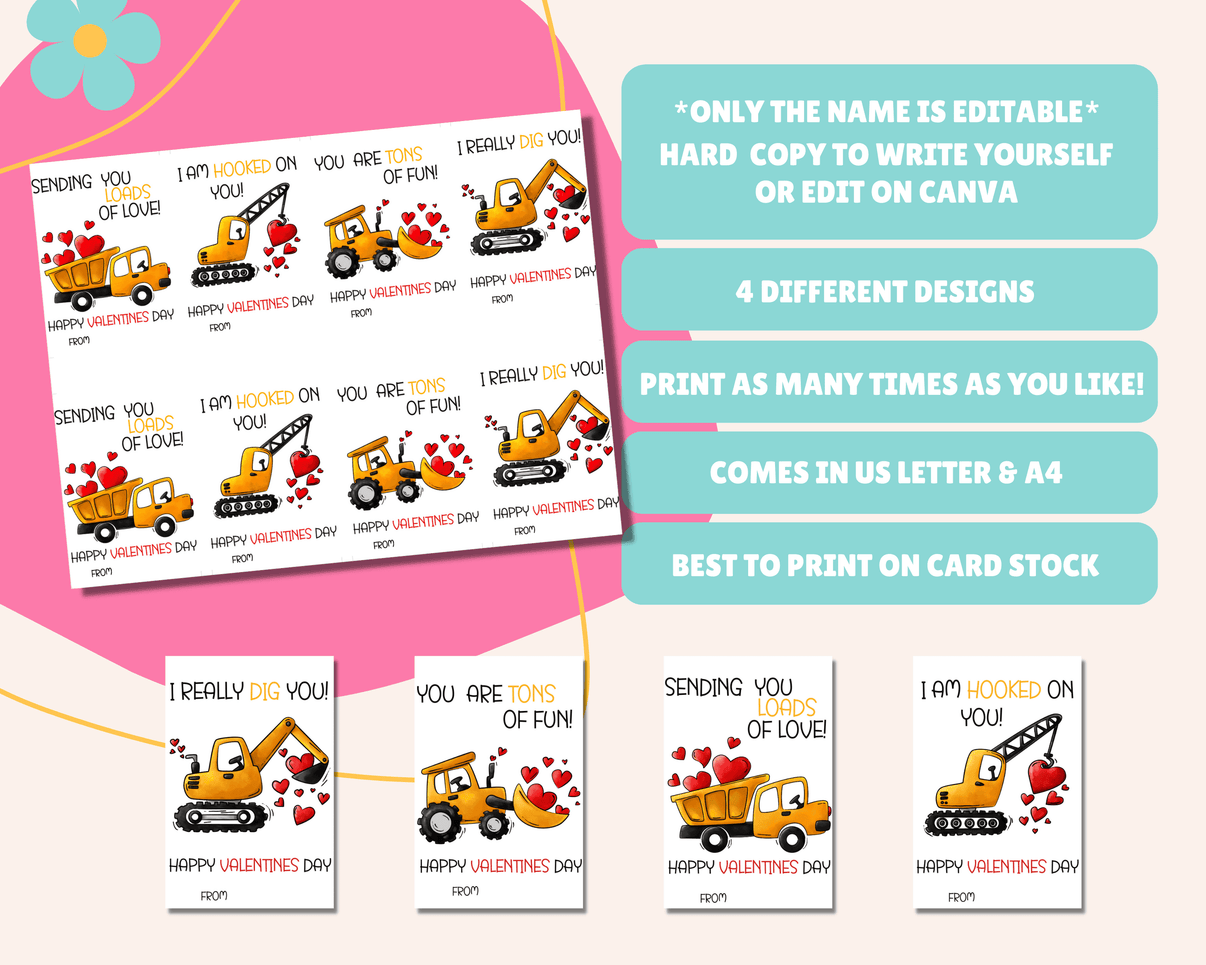Editable Construction Valentine Cards for Kids Classroom Valentine ...