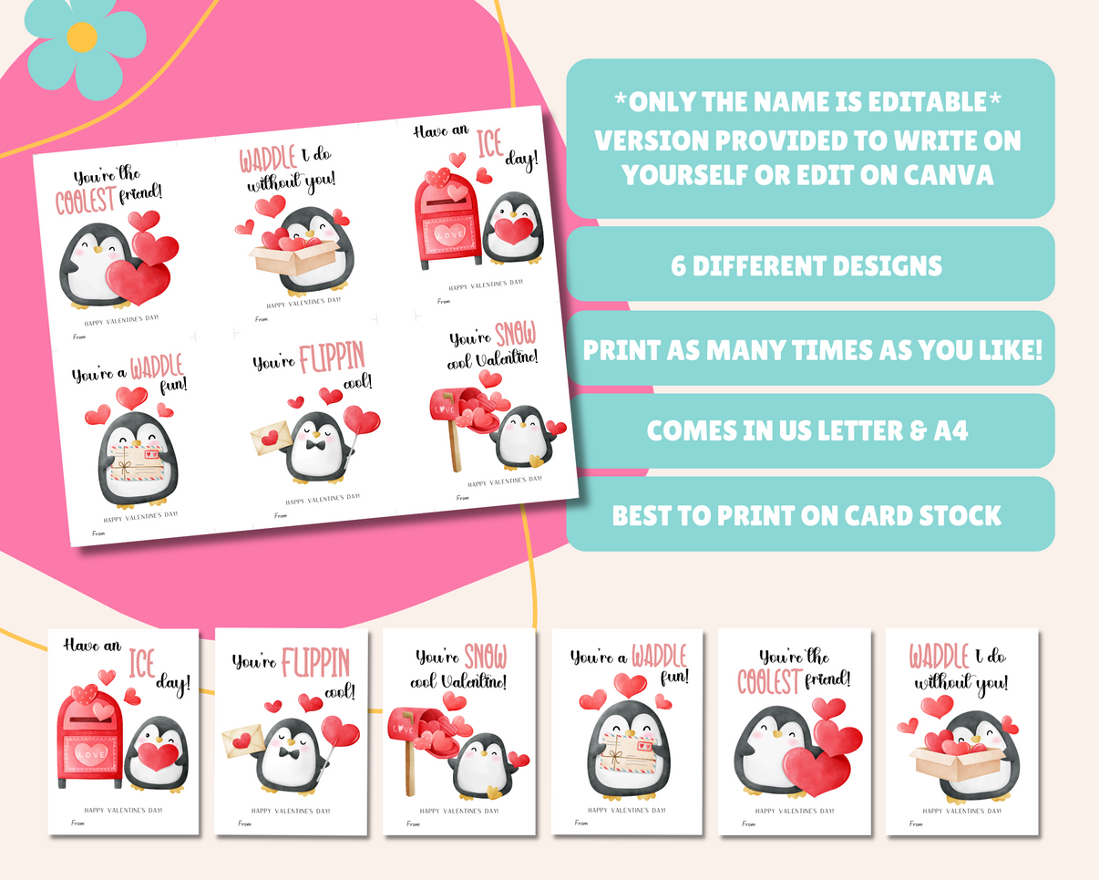Editable Penguin Valentine Cards for Kids Classroom Valentine – Crafty ...