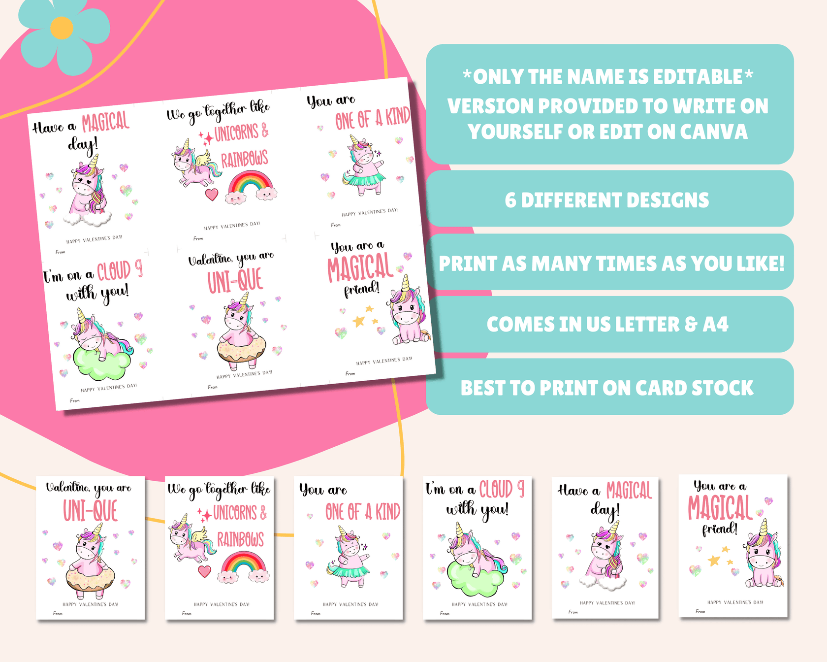 Editable Unicorn Valentine Cards for Kids for Classroom Valentine ...